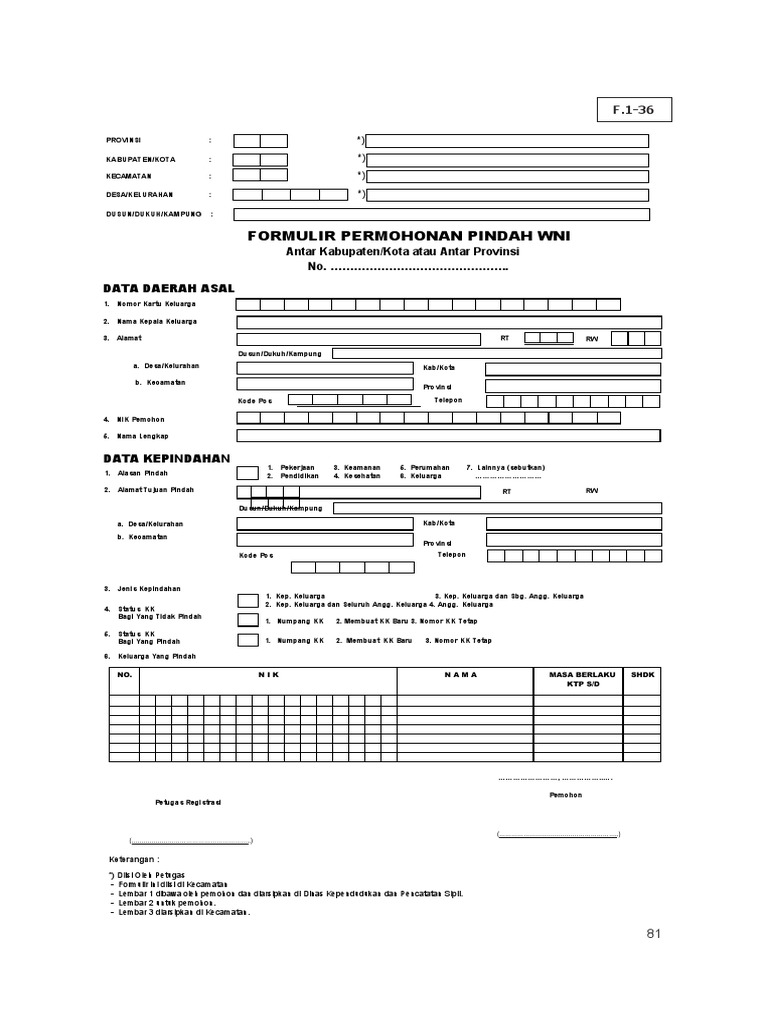 F136 Formulir Permohonan Pindah WNI Antar Kab Prop - 381418 Dikonversi | PDF