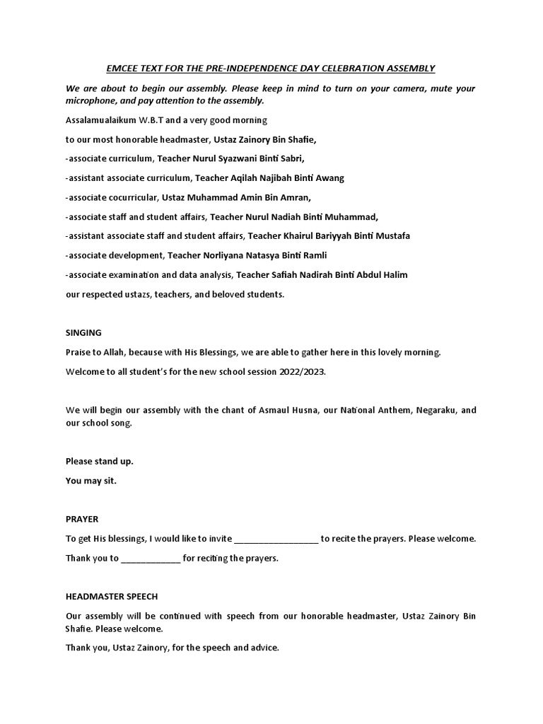 Emcee Text For The Pre-Independence Day Celebration Assembly | PDF | Prayer | Abrahamic Religions
