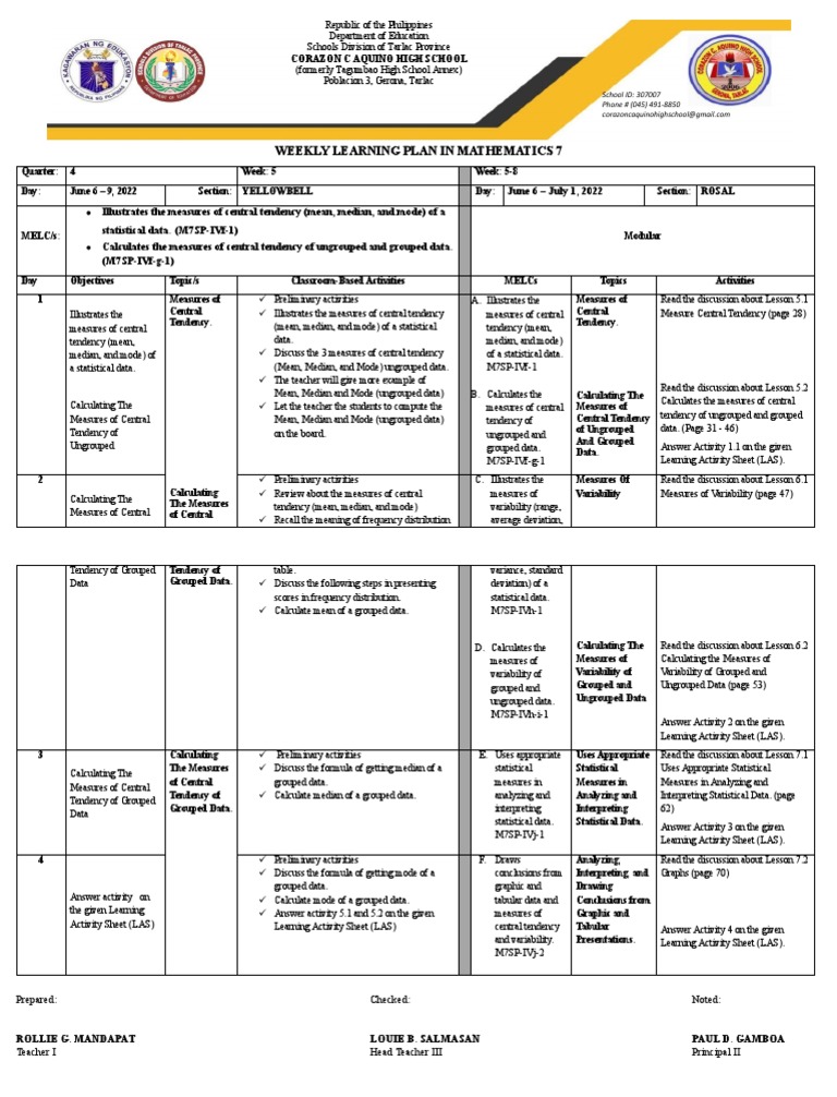 Weekly Math Learning Plan: Measures of Central Tendency | PDF ...