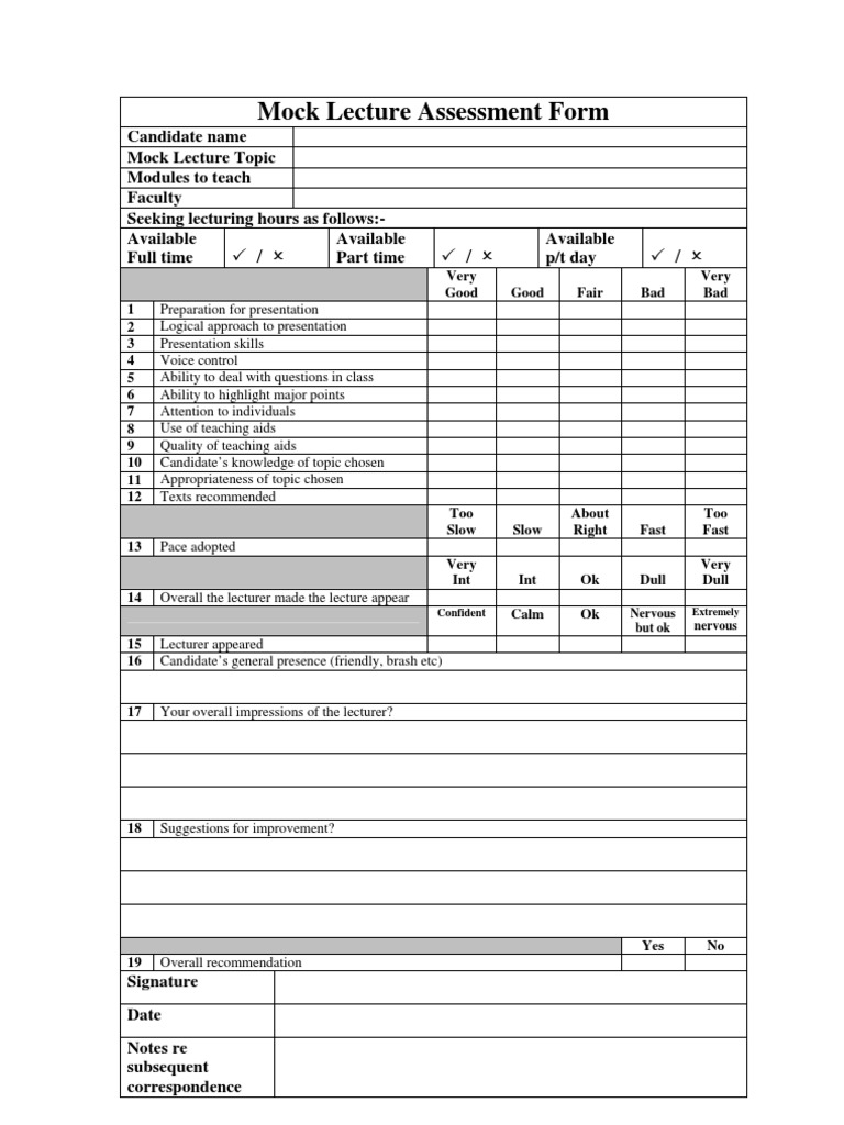 Faculty Mock Lecture Assessment Form | PDF