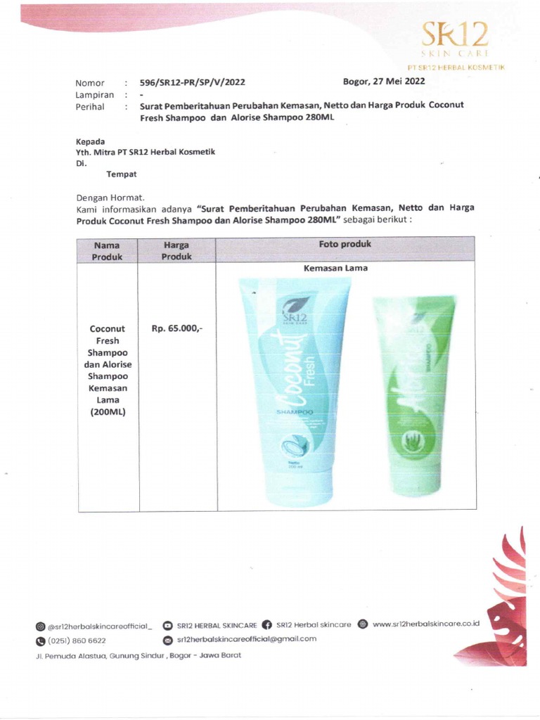 596 - Surat Pemberitahuan Perubahan Kemasan, Netto Dan Harga Produk | PDF