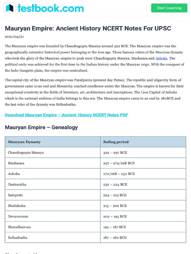 Mauryan Empire Ancient History Ncert Notes For Upsc | PDF