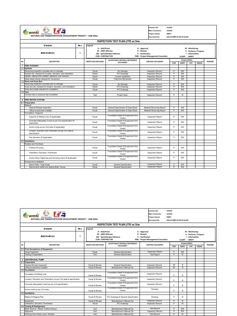 Itp for Mechanical on Site 1 | PDF
