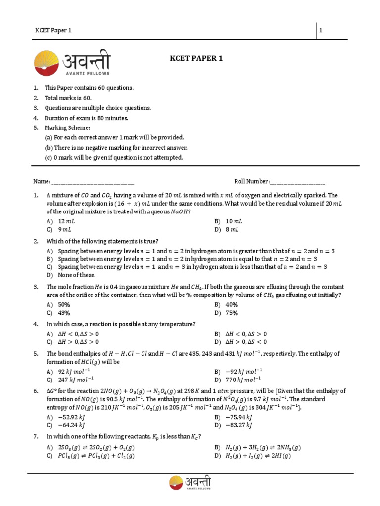 12th KCET Chemistry Paper | PDF | Chlorine | Ion