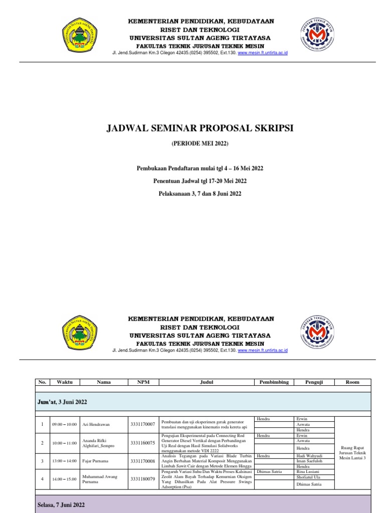 Jadwal Seminar Proposal Skripsi JTM Untirta Mei 2022.rev 4 | PDF