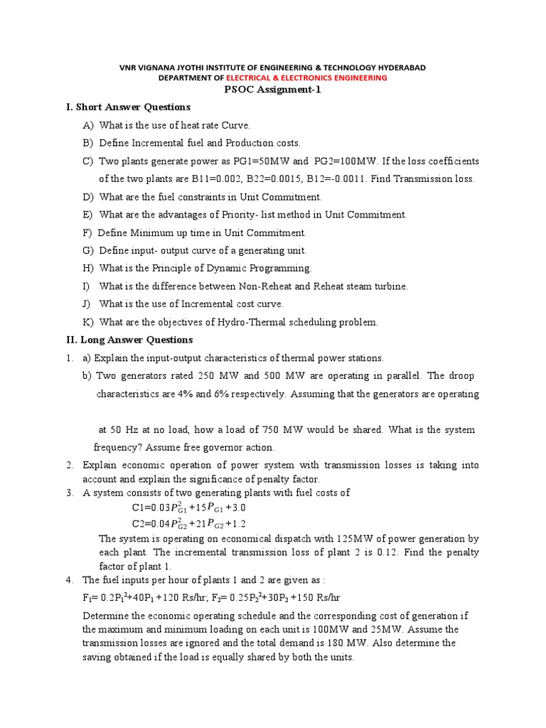 PSOC Assignment-1 I. Short Answer Questions | Download Free PDF | Power Station | Electric Power ...