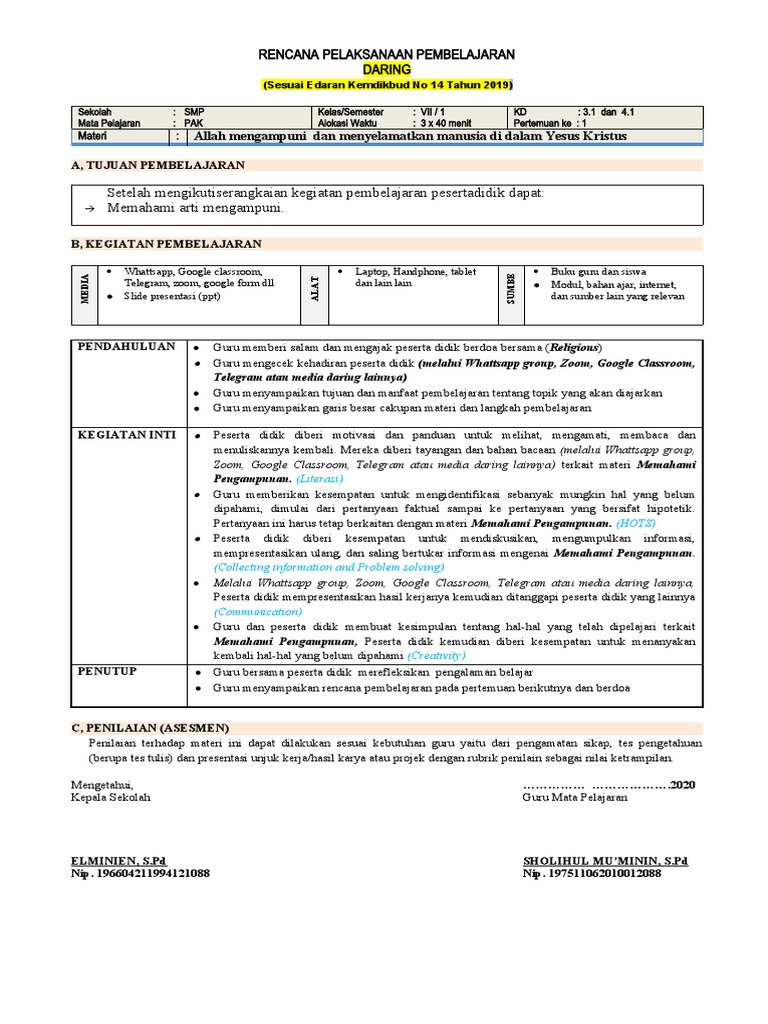 RPP Daring Pak Kelas 7 Full Semester | PDF