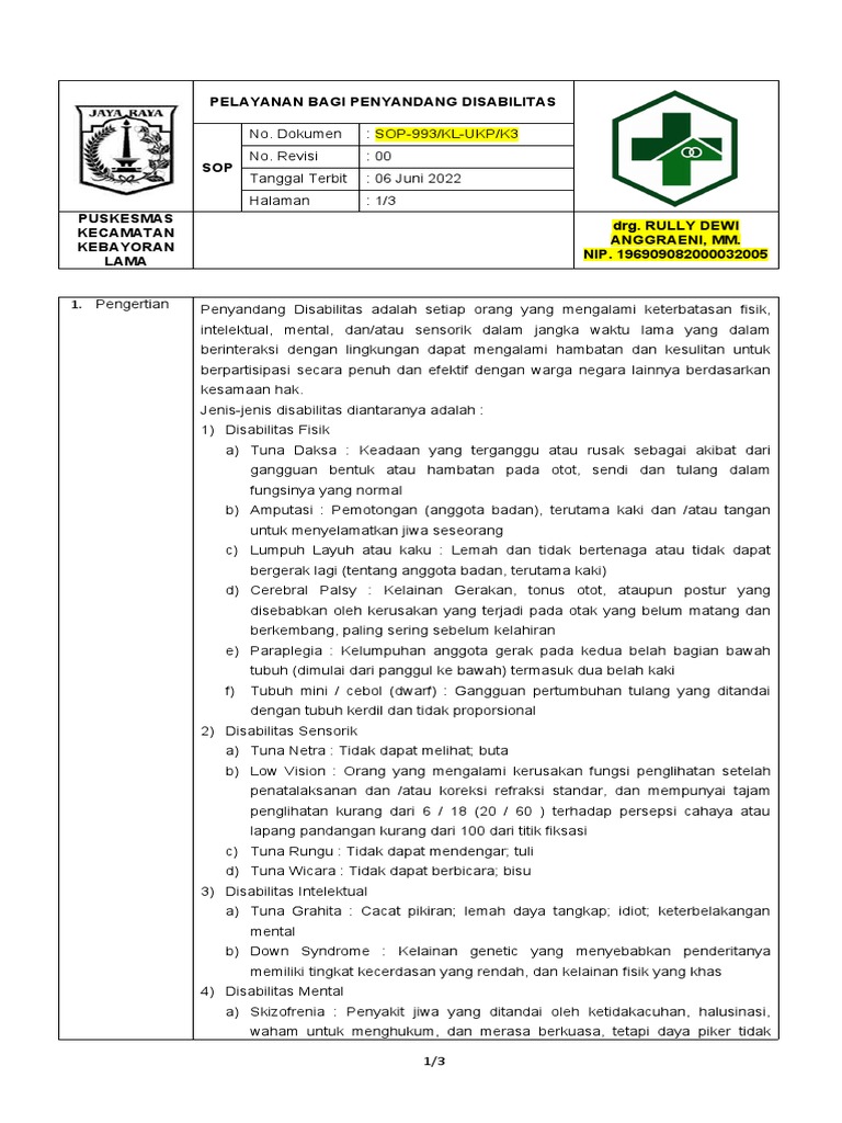 SOP Pelayanan Disabilitas di Puskesmas | PDF