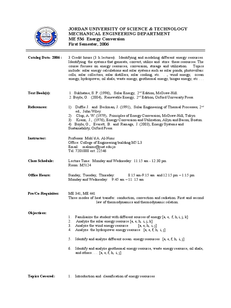 Abet Syllabus Me 536-1 | PDF | Solar Energy | Engineering