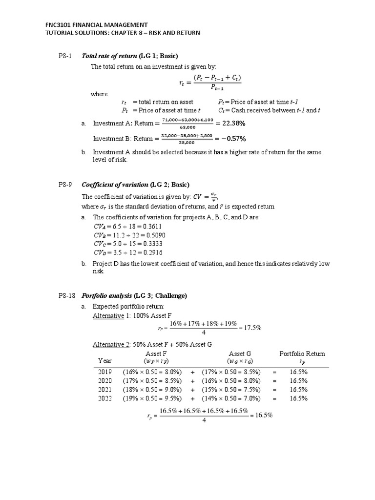 Tutorial Solutions Chapter 8 | PDF | Investing | Volatility (Finance)
