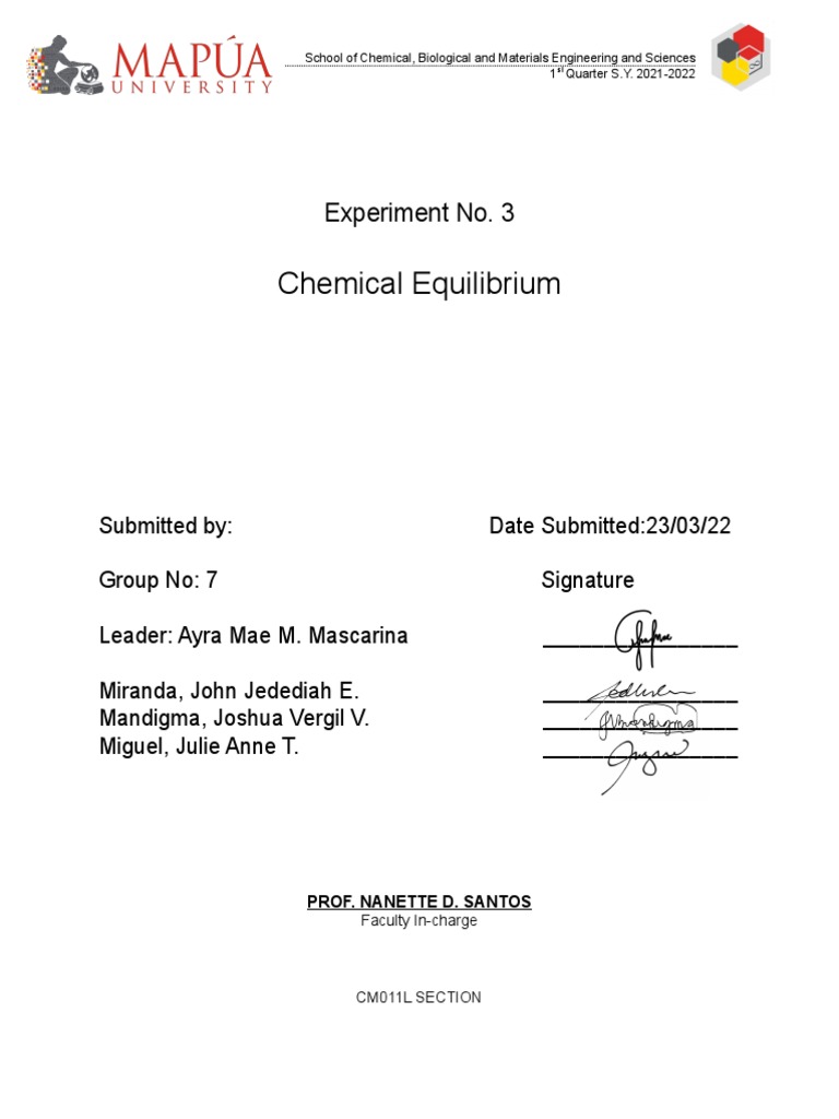 Chemical Equilibrium: Experiment No. 3 | PDF | Chemical Reactions ...
