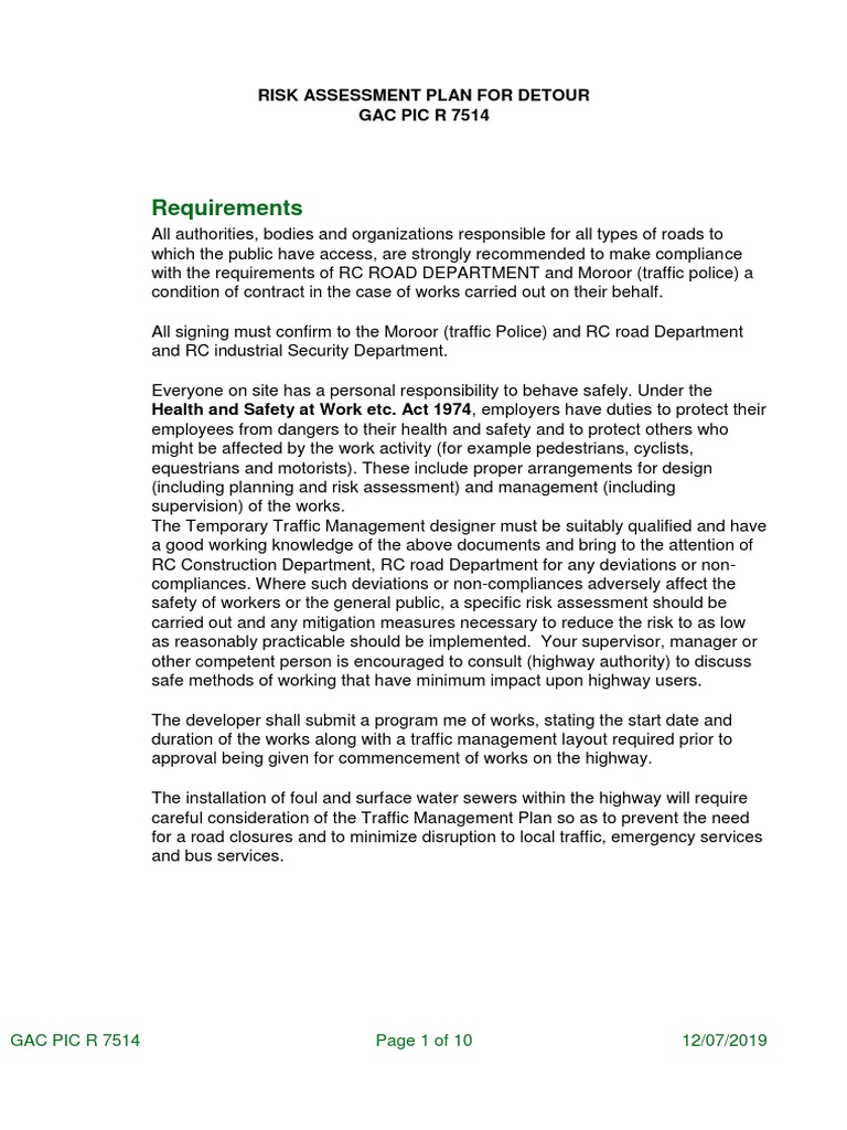 Detour Road Risk Assessment Plan | PDF | Occupational Safety And Health ...