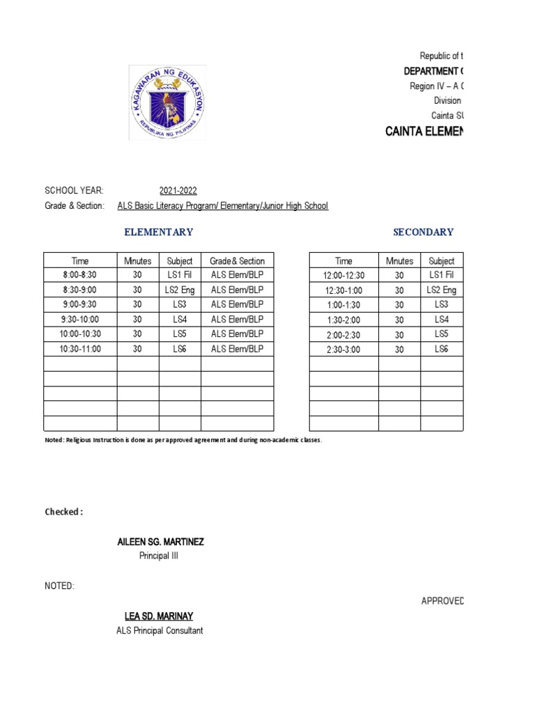 Als Class Program S.Y. 2021-2022 Orig | PDF | Middle Schools ...