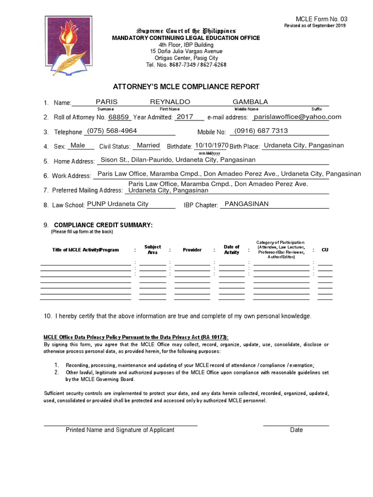 Attorney'S Mcle Compliance Report: Paris Reynaldo Gambala | PDF ...