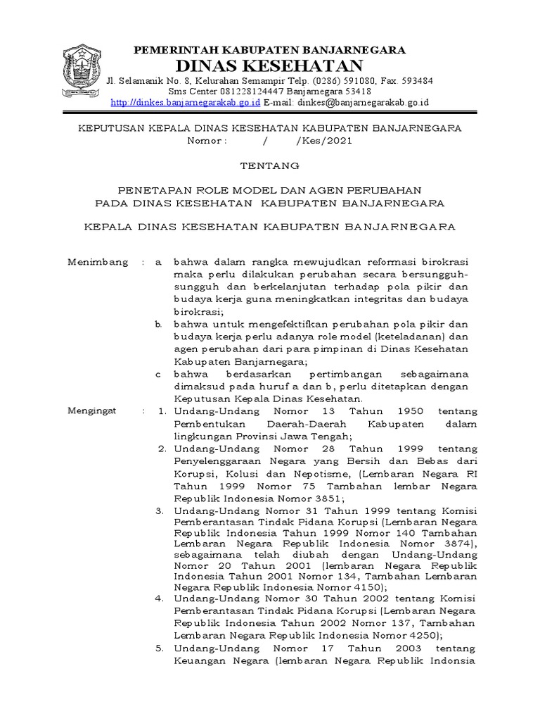 SK Role Model Dan Agen Perub Dinkes 2021 | PDF
