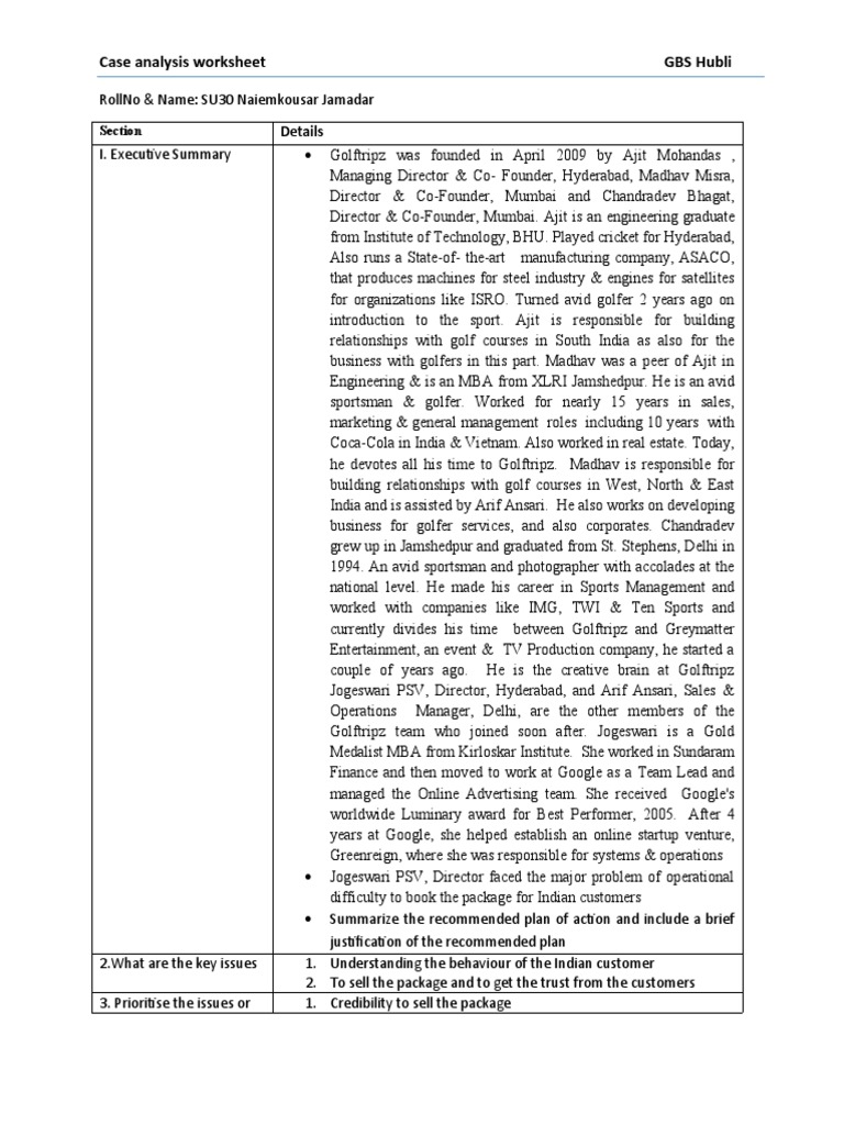 Case Analysis Worksheet GBS Hubli: Details | Download Free PDF ...