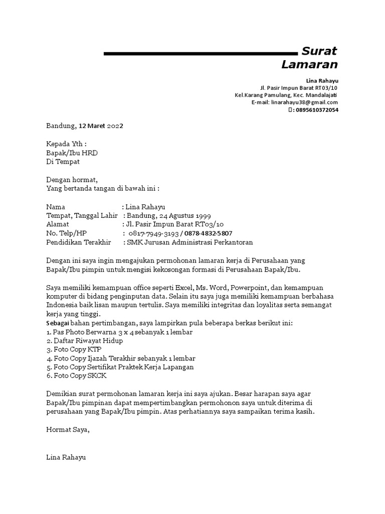 Surat Lamaran Kerja - Lina | PDF
