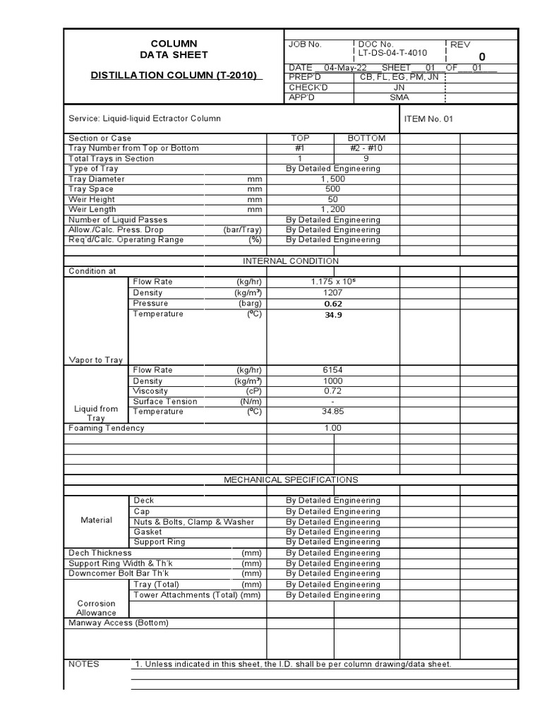 Column Data Sheet Distillation Column (T-2010) | PDF | Liquids ...