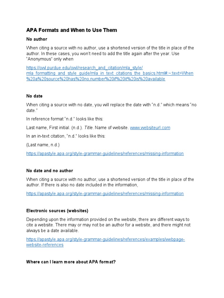 APA Formats and When To Use Them | PDF | Apa Style | Citation