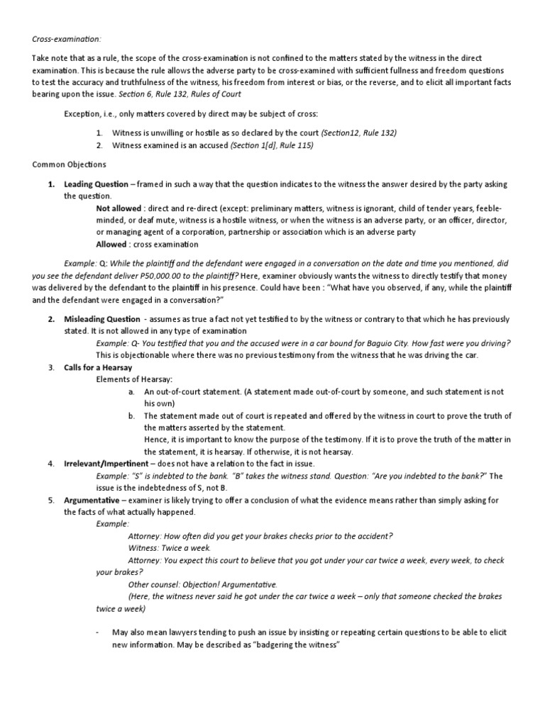 Direct and Cross Examination Basic Rules | PDF | Hearsay | Witness