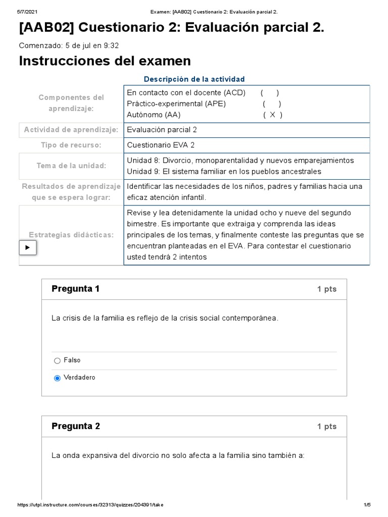 Examen - (AAB02) Cuestionario 2 - Evaluación Parcial 2 | PDF | Evaluación | Prueba (evaluación)