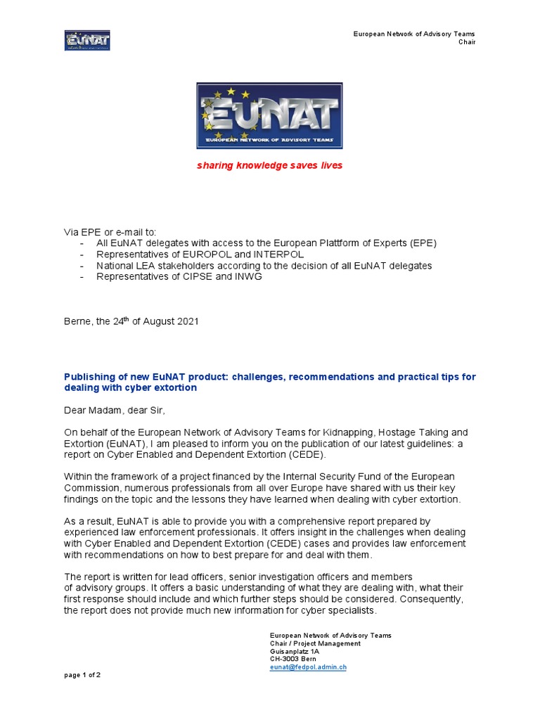 210820 EuNAT Letter Dissemination CEDE Guidelines | PDF