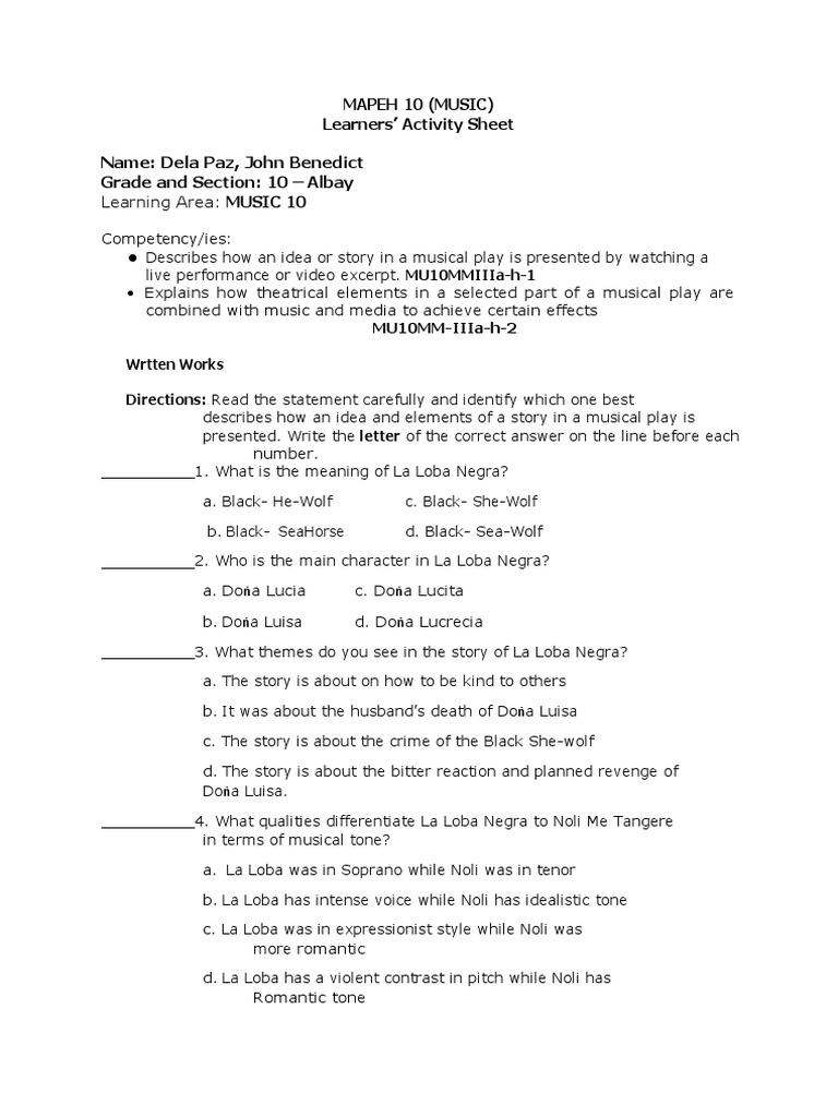 Delapaz, John Benedict (Q4-MUISC-10 - LAS - WRITTEN-WORKS) | PDF | Dances | Ballet