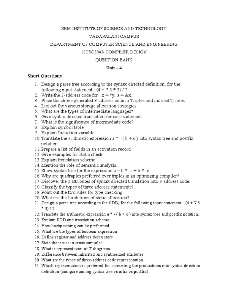 Unit-4 Question Bank | PDF | Compiler | Parsing