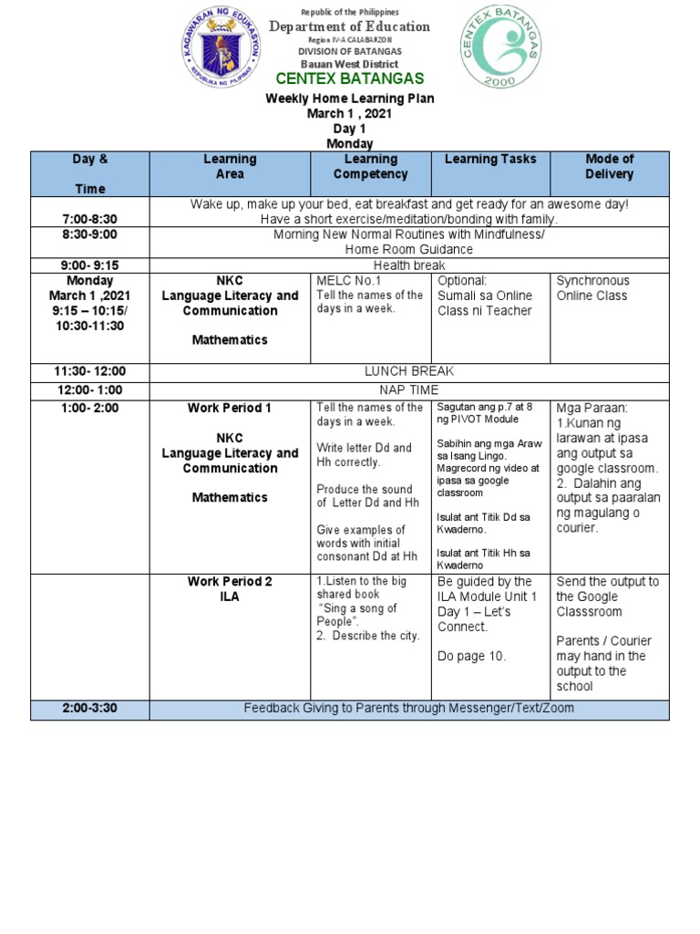Weekly Home Learning Plan For COT | PDF | Communication | Cognition