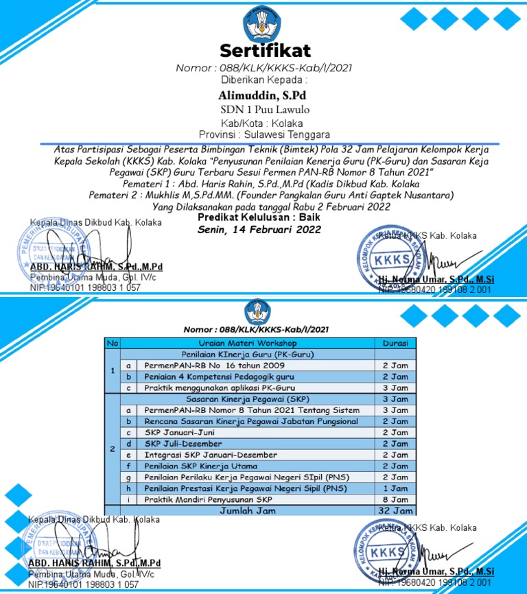 Alimuddin, S.PD Sertifikat Workshop SKP 2022 | PDF