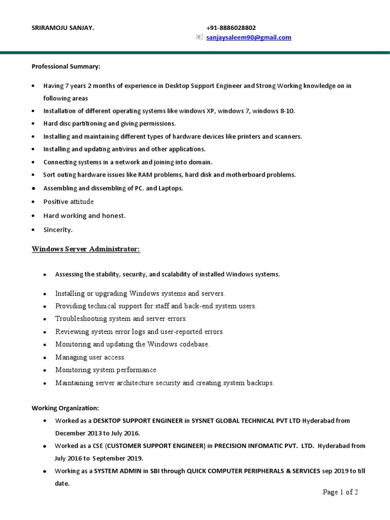Sanjay Resume | PDF | Microsoft Windows | Desktop Computer