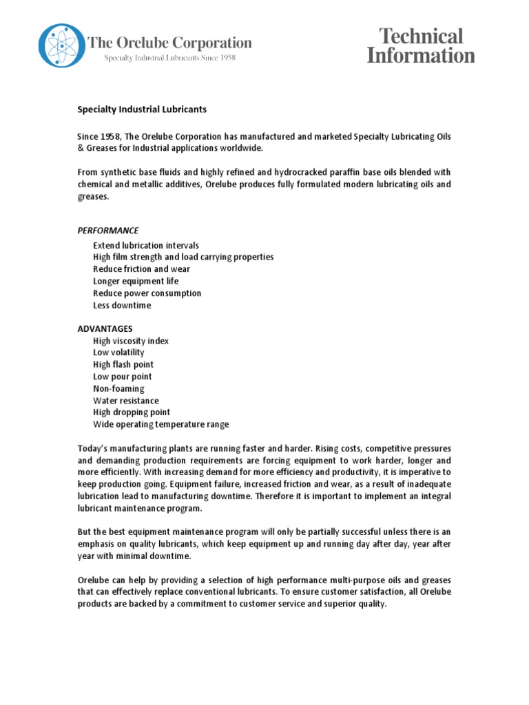 Orelube Specialty Lubricants Overview | PDF | Lubricant | Petroleum