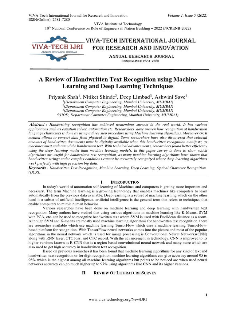 A Review of Handwritten Text Recognition Using Machine Learning and ...