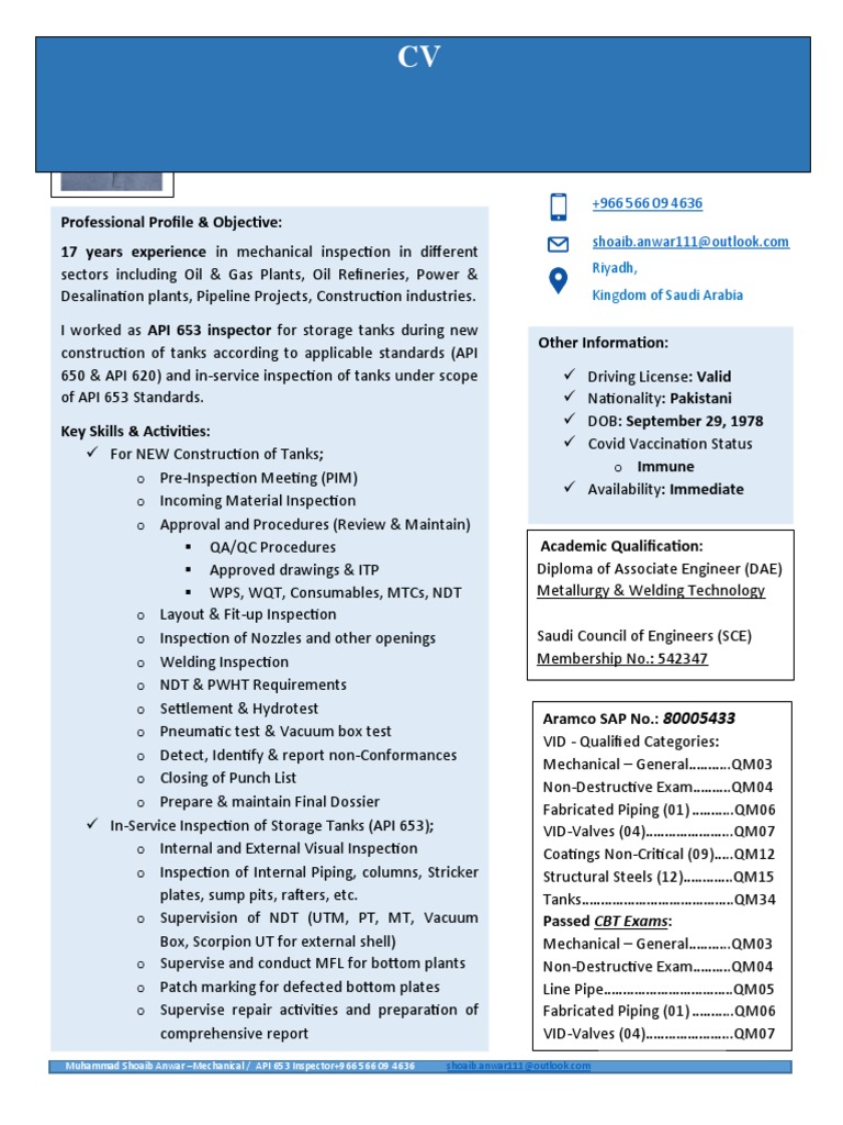 API 653 Mechanical Inspector CV | PDF | Nondestructive Testing ...