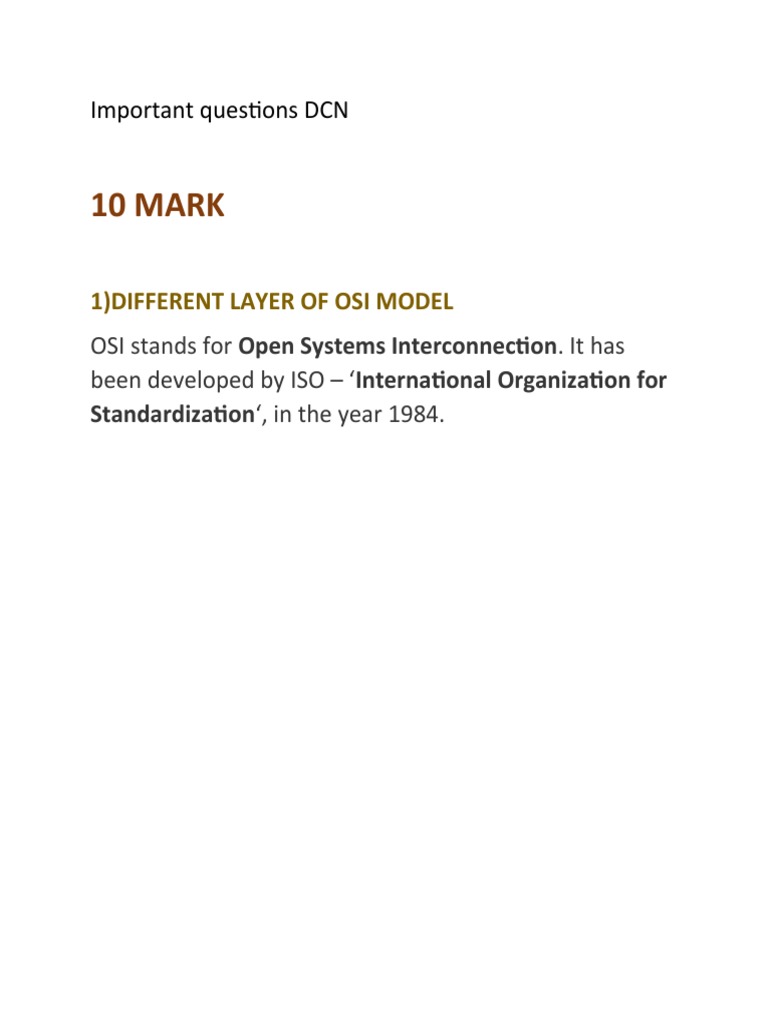 10 Mark: Important Questions DCN | PDF | Transmission Medium | Network Topology