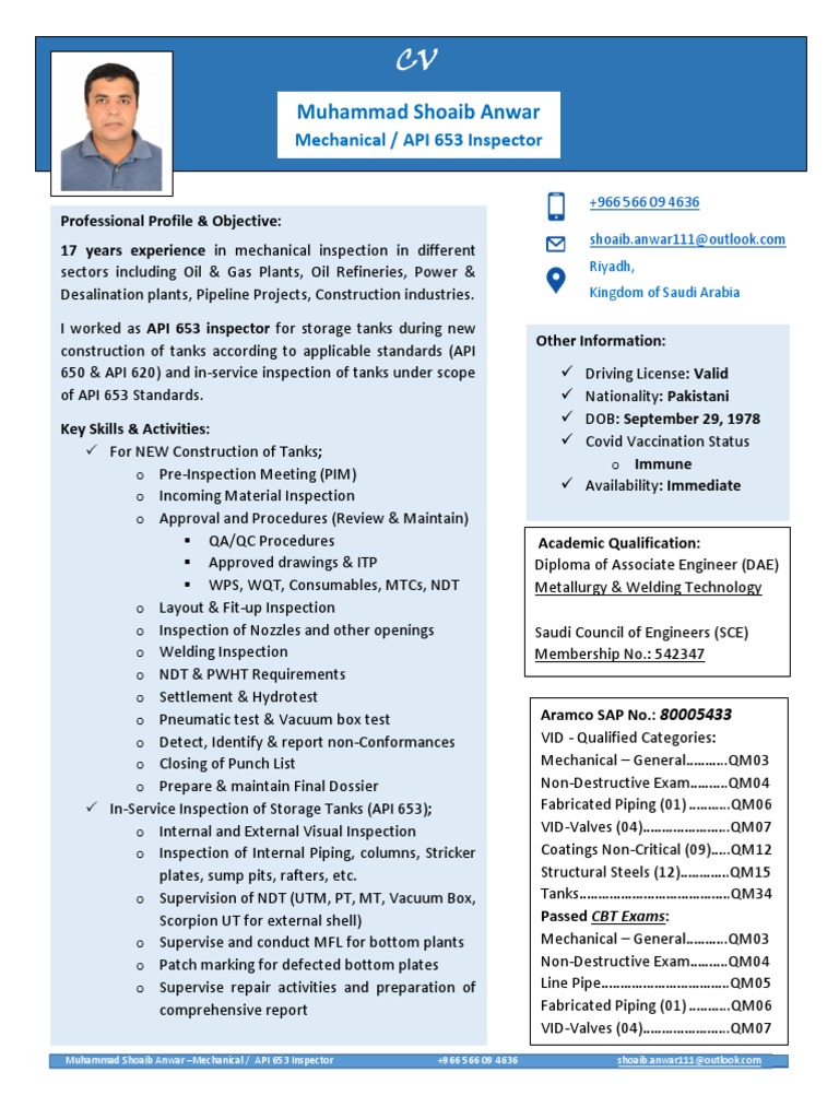Mechanical Inspector - API 653 - KSA - CV | PDF | Nondestructive ...