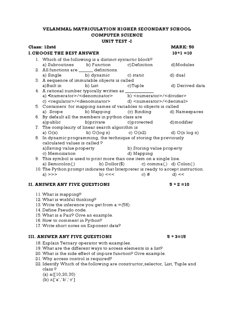 Velammal Matriculation Higher Secondary School Computer Science Unit ...