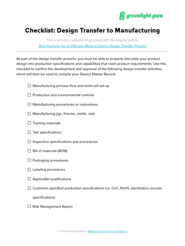 Checklist-Design Transfer To Manufacturing | PDF