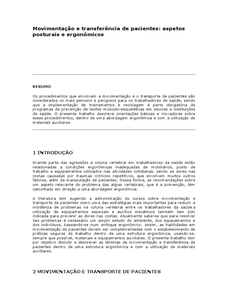 Movimentação e Transferência de Pacientes | PDF | Cama | Fatores ...
