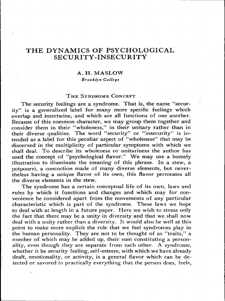 The Dynamics of Psychological Security-Insecurity: Brooklyn College ...