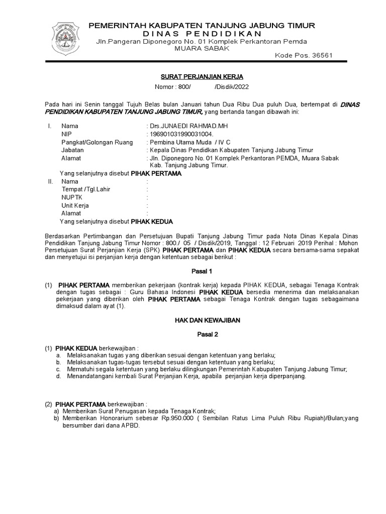 Format SPK Kontrak Apbd TTD Kadis | PDF