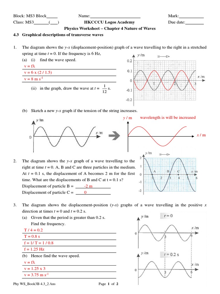 2122 Phy WS - Book3B 4.3 - 2 Ans | PDF | Waves | Classical Mechanics