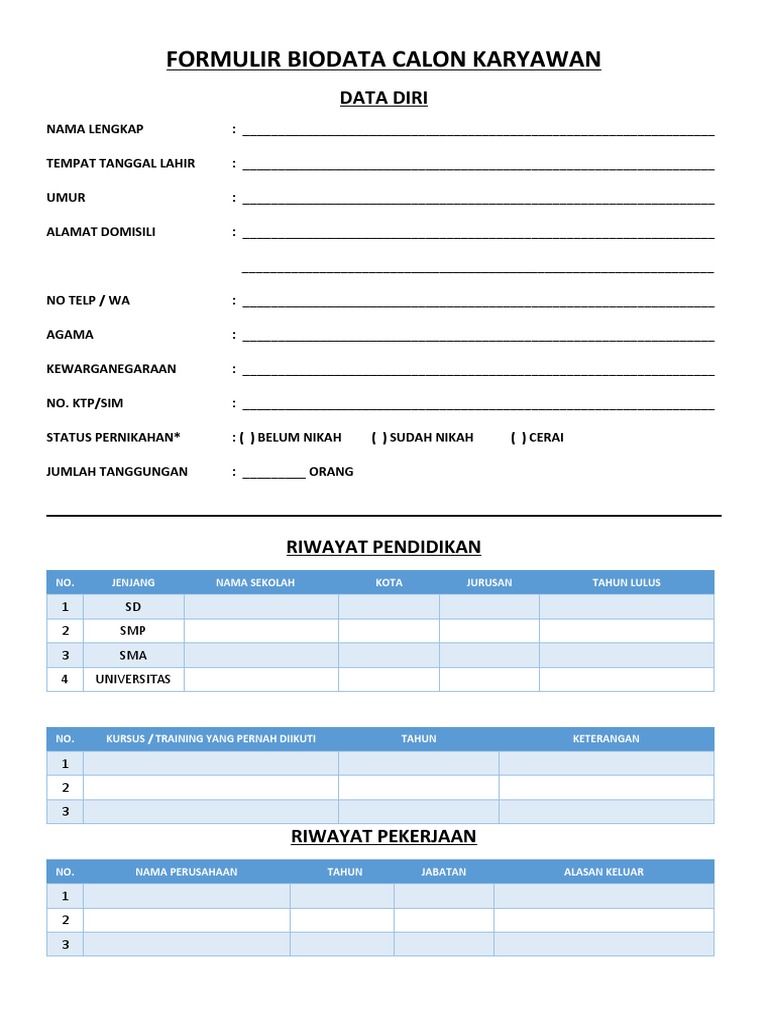 Formulir Biodata Calon Karyawan | PDF