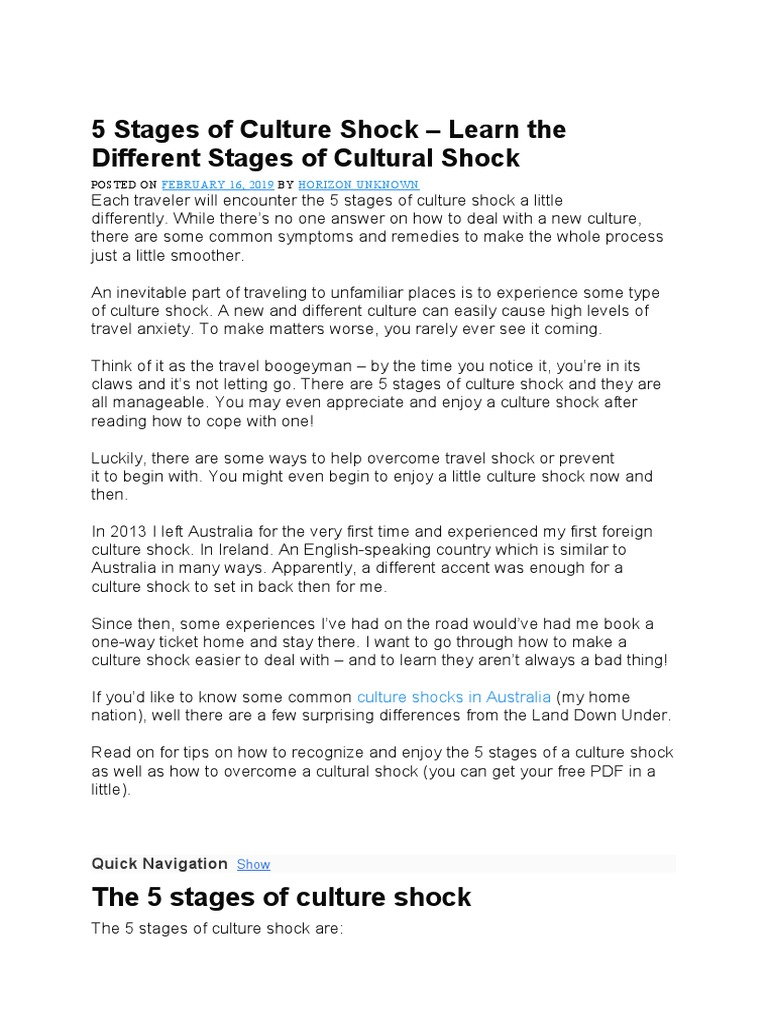 Understanding 5 Stages of Culture Shock | PDF | Experience | Thought