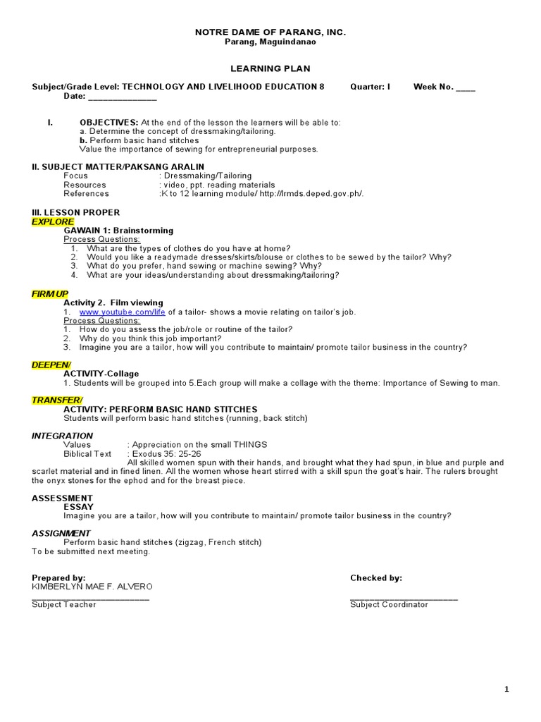 Grade 8 - Learning Plan | PDF | Sewing | Learning