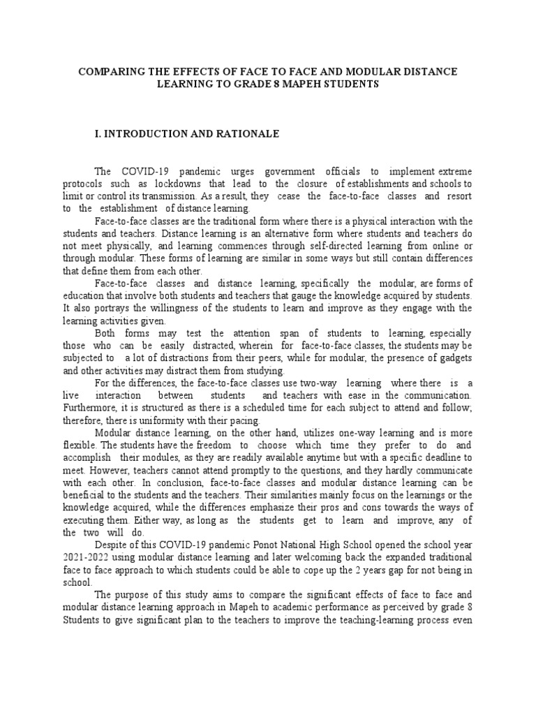 Comparing The Effects of Face To Face and Modular Distance Learning To Grade 8 Mapeh Students ...