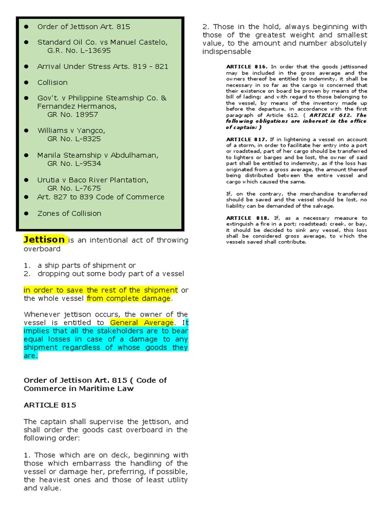 Jettison: Order of Jettison Art. 815 (Code of Commerce in Maritime Law ...