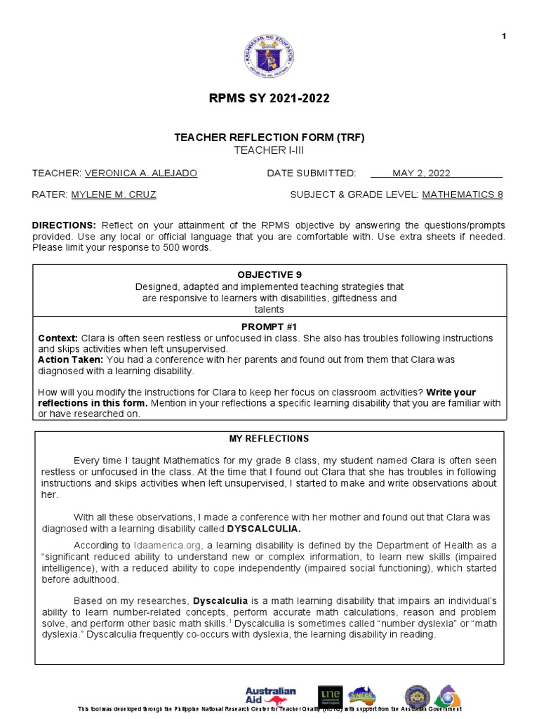 RPMS SY 2021-2022: Teacher Reflection Form (TRF) | PDF | Attention ...