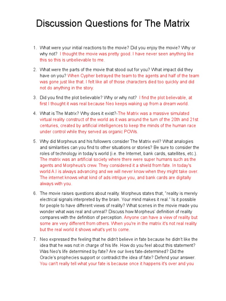 Nathaniel Biafore - Discussion Questions For The Matrix 3 | PDF | Trinity