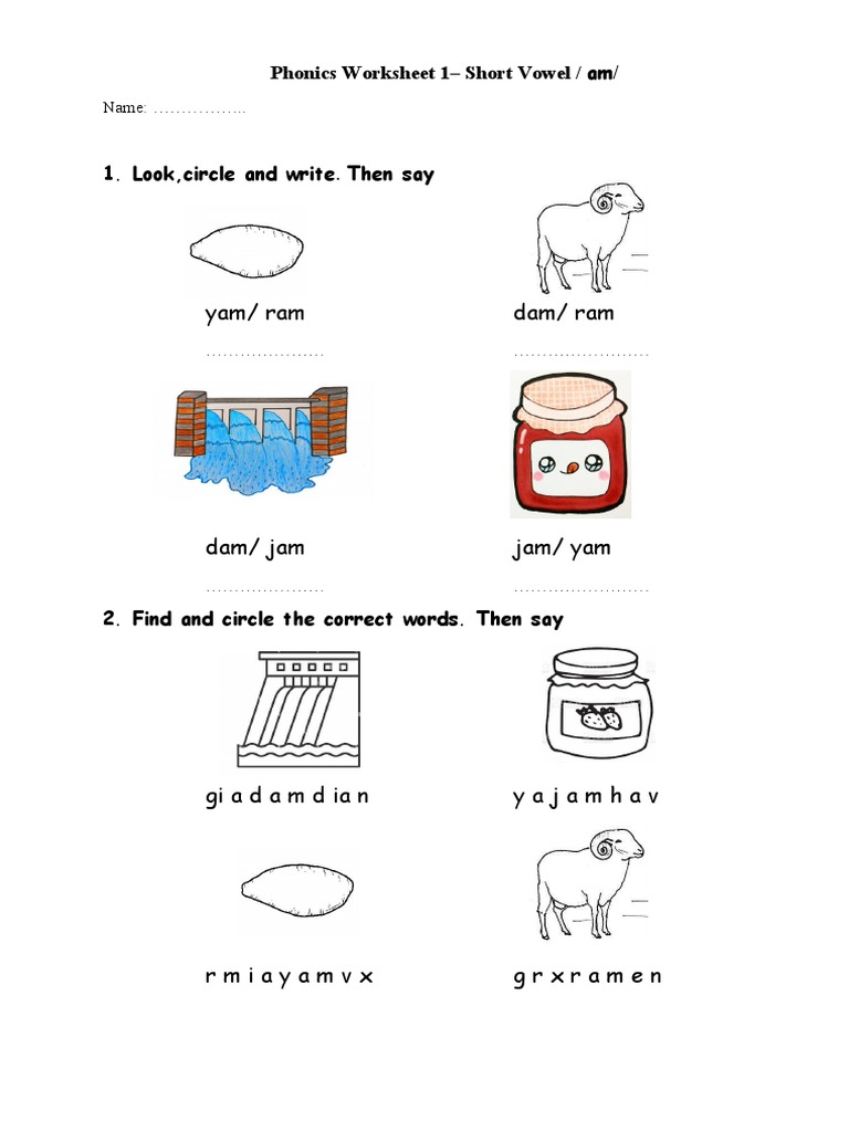 Yam/ Ram Dam/ Ram: Phonics Worksheet 1 - Short Vowel / Am | PDF